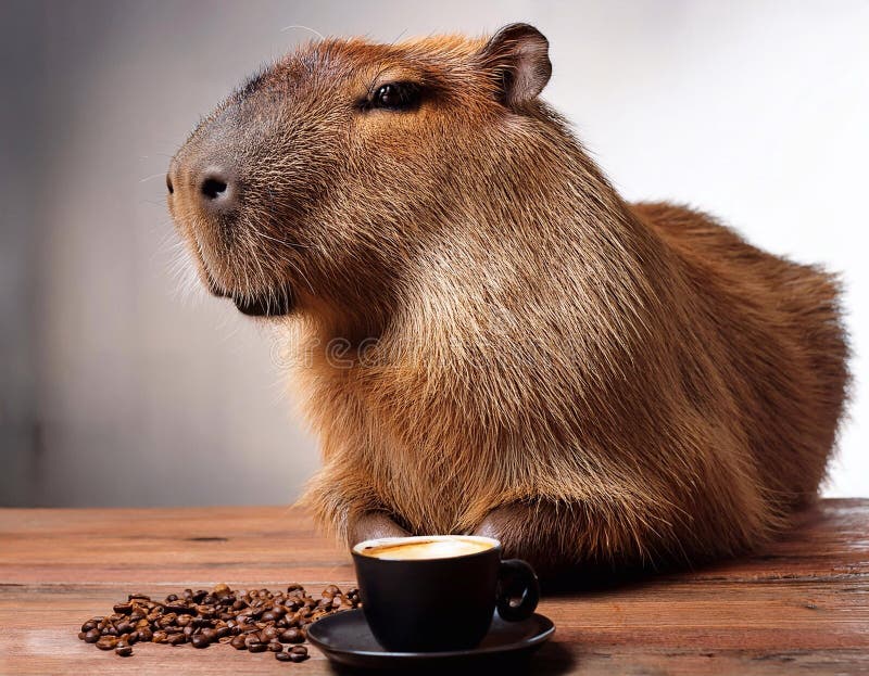 Capybara and Cup of Coffee and Coffee Beans. Cute Animal in Scene at ...