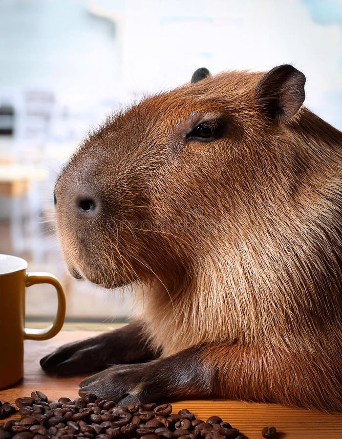 Capybara and Cup of Coffee and Coffee Beans. Cute Animal in Scene at ...
