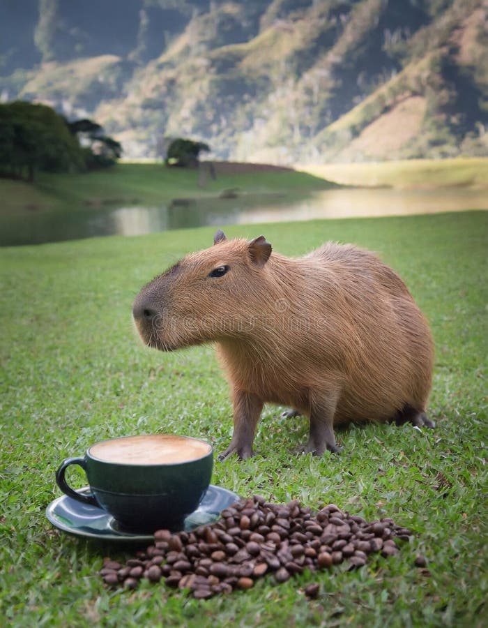 Capybara and Cup of Coffee and Coffee Beans. Cute Animal in Its Natural ...