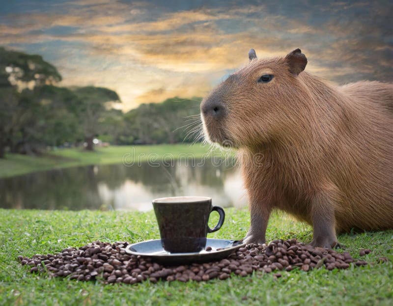 Capybara and Cup of Coffee and Coffee Beans. Cute Animal in Its Natural ...