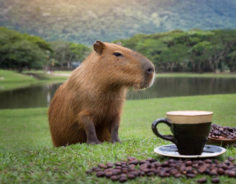 Capybara and Cup of Coffee and Coffee Beans. Cute Animal in Its Natural ...