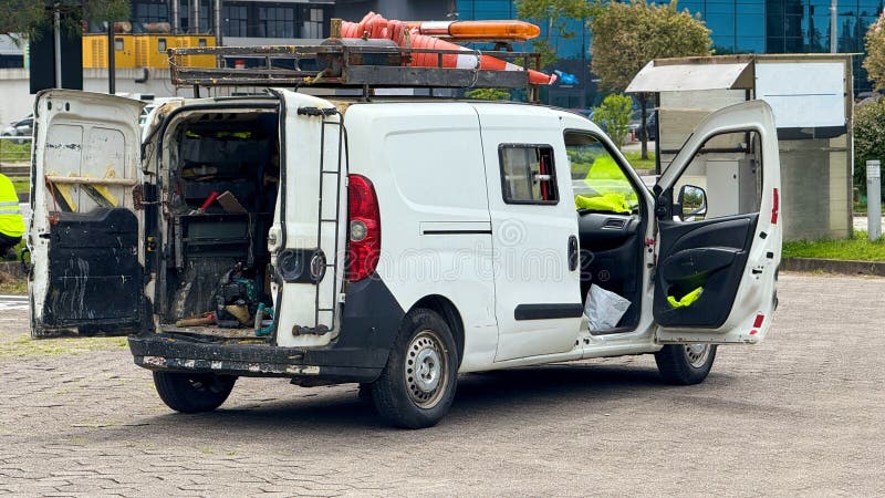 Utility Work Van with Open Doors and Equipment Stock Image - Image of ...