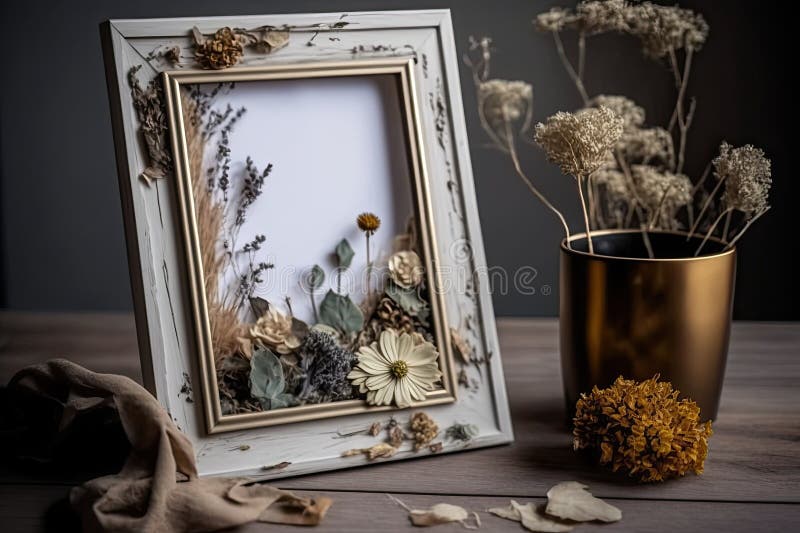 Imitation Portrait Frame on a Wooden Table with Withered Flowers Stock ...