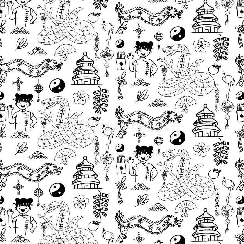 Imlek Doodle Vector Illustration Background Stock Illustration ...
