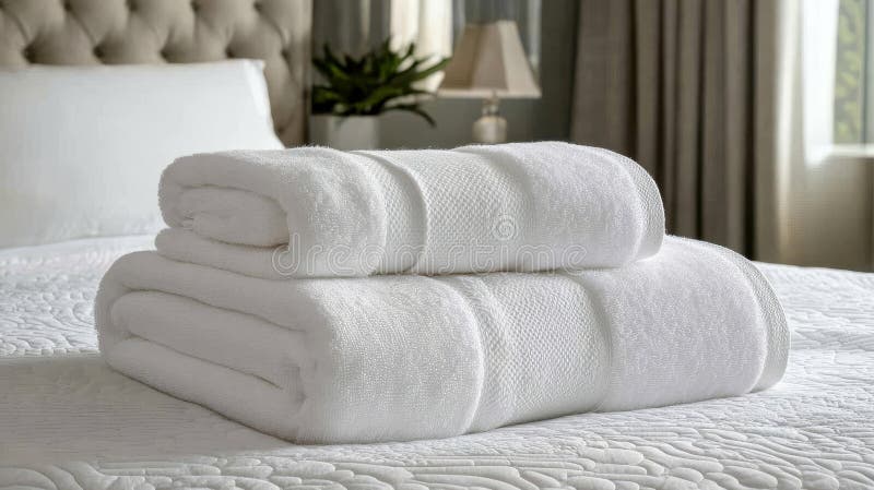 Immaculate Hotel Room Featuring Neatly Folded White Towels on a ...