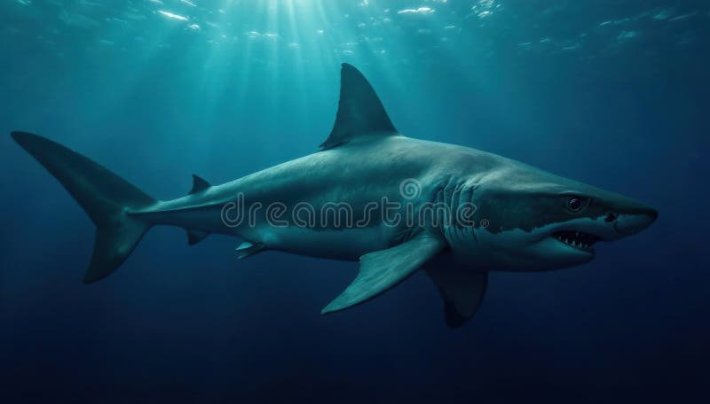 Immense Great White Shark Profile View, Isolated, Deep Ocean Backdrop ...