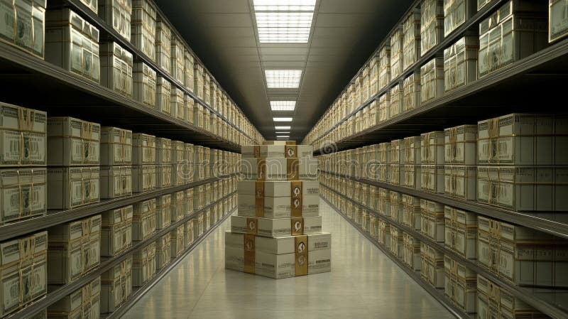 Immense Underground Vault Filled with Stacks of Money Boxes Stock ...