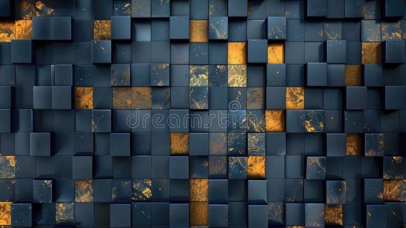 Immerse in a Luxurious Dark Blue and Gold Cube or Tile Mosaic Abstract ...