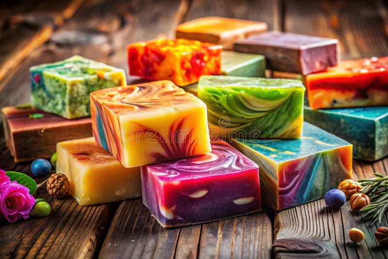 Stunning Panoramic View of Vibrant Handmade Artisan Soaps on Rustic ...