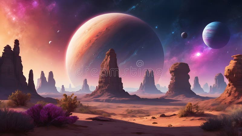 Vibrant Sci-Fi Landscape Featuring a Cosmic Galaxy and Unique Desert ...