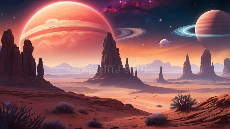 Vibrant Sci-Fi Landscape Featuring a Cosmic Galaxy and Unique Desert ...