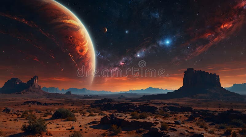 Vibrant Sci-Fi Landscape Featuring a Cosmic Galaxy and Unique Desert ...