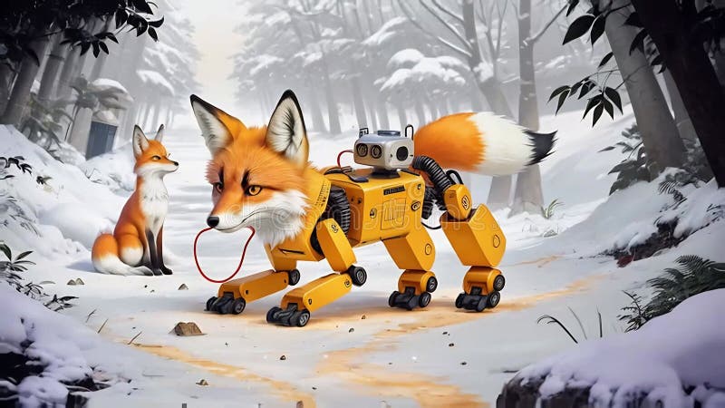 Robotic Fox Head Tilting and Tail Wagging Transforming into a Winter ...