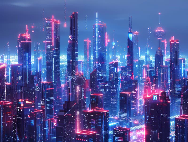 Futuristic City Technology with Glowing Digital Lights Stock ...