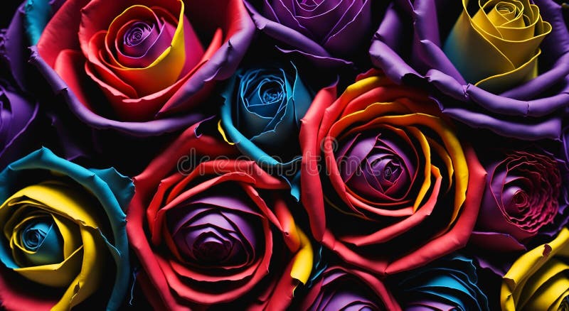 Closeup Image of Rainbow-Colored Roses in Full Bloom Stock Illustration ...