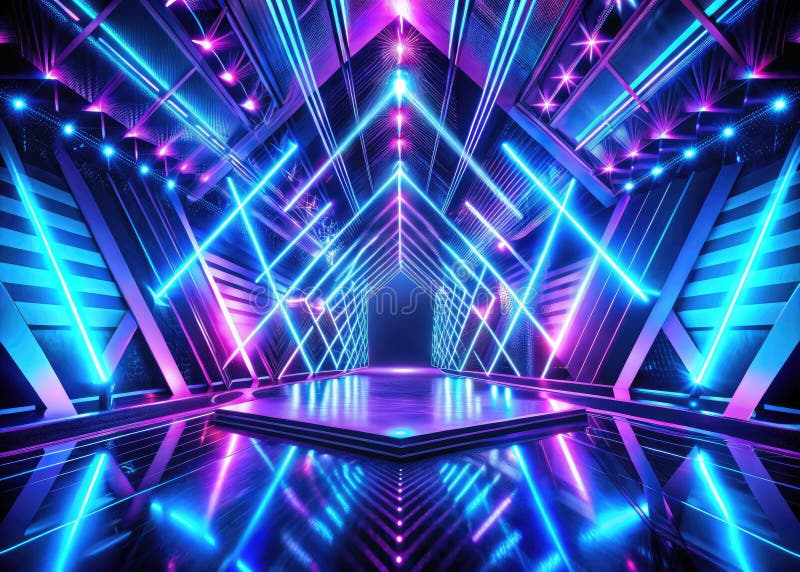 A Panoramic Futuristic Geometric Light Stage Design in Vibrant Blue and ...