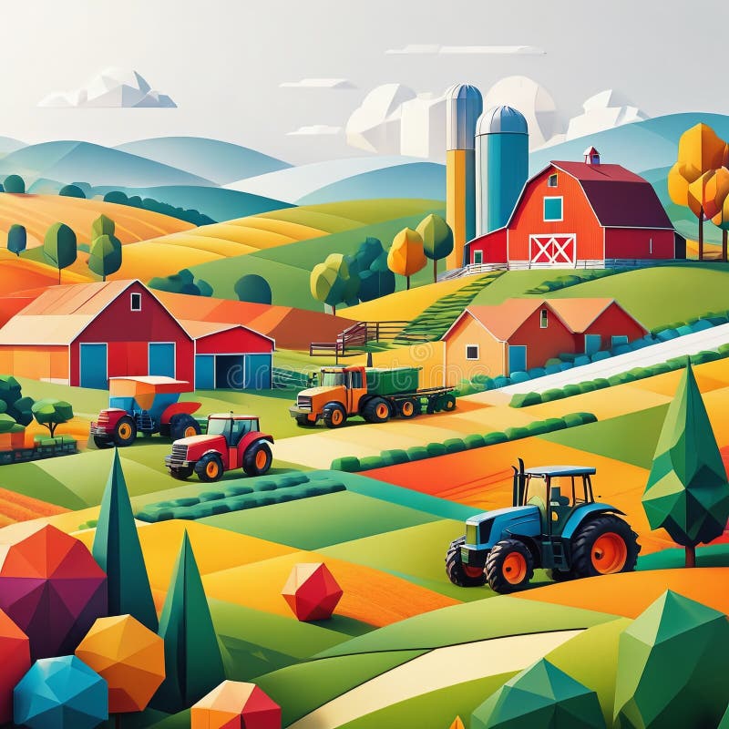 A Cubist Interpretation of a Farm Scene Vibrant Geometric Shapes and ...