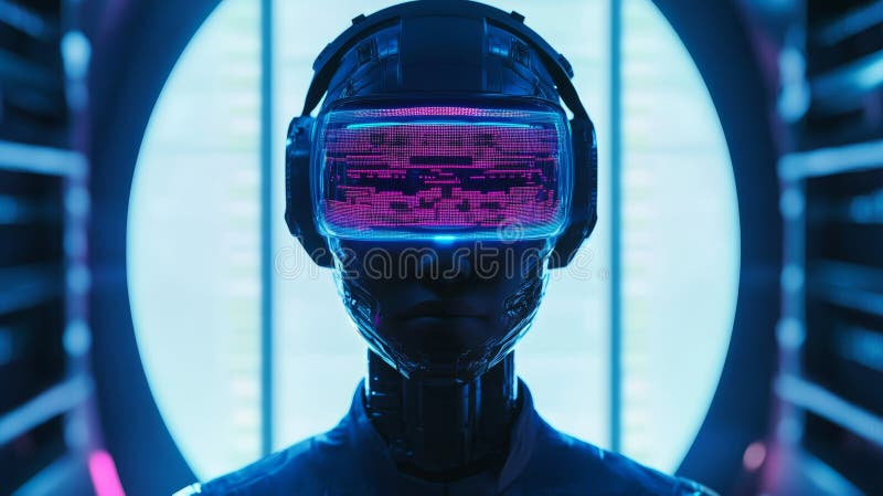 Neon AI Futuristic Humanoid Robot Against Abstract Space Background in ...