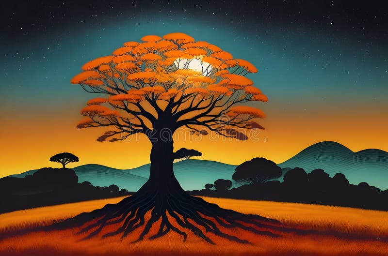 Enchanting Aboriginal Night: Lone Tree Under Starry Sky Painting for ...