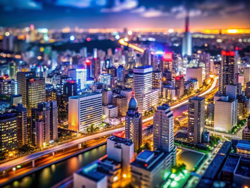 A Stunning Aerial TiltShift Perspective of Osaka City at Night Focusing ...