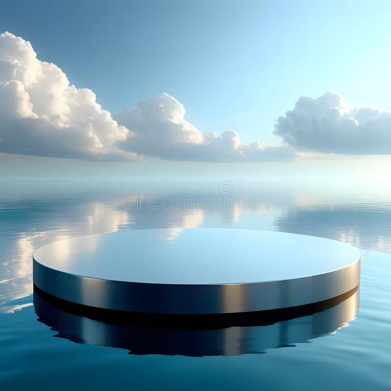 Metallic Circle Floating Podium Reflects Cinematic Sky Stock ...