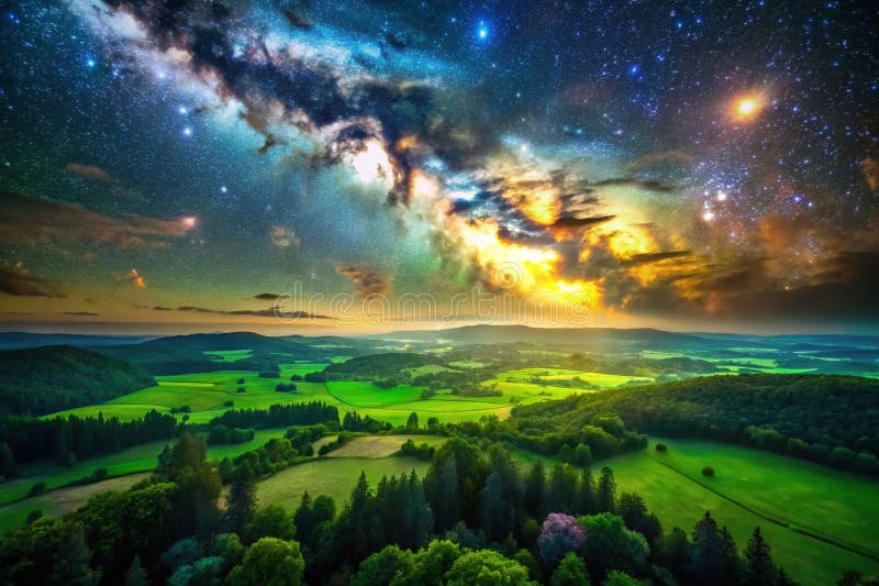 A Breathtaking Aerial View of a Lush Emerald Galaxy Starry Night Sky ...