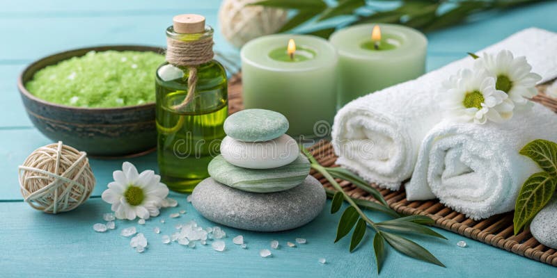 Spa Relaxation Imagery Tranquil Green and White Objects Massage Stones ...