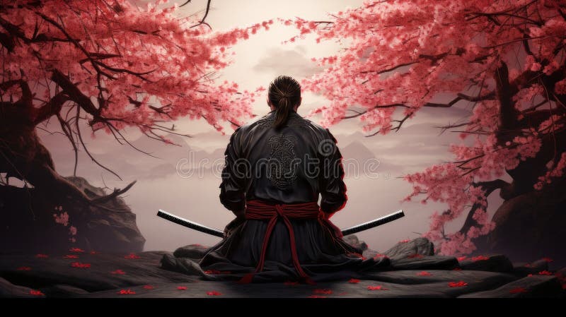 Zen Blossoms: Meditating Samurai Amidst Falling Cherry Blossoms ...