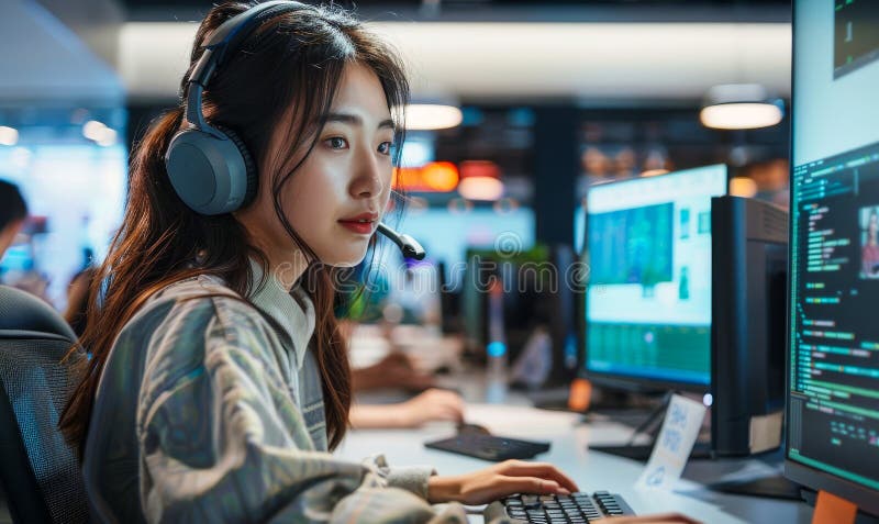 Immersed in Code Asian Programmer Crafting Immersive 3D RPG in Vibrant ...