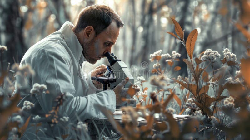 A Scientist in a Peaceful Forest Studies Plants with a Microscope for ...
