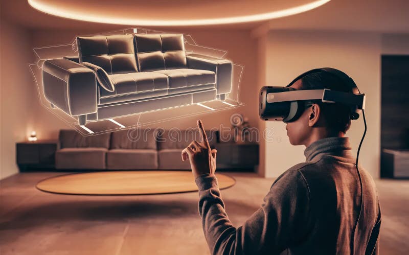 AI-generated, a User in a VR Headset Places a Virtual Sofa in an Empty ...