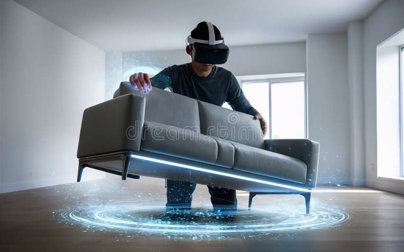 AI-generated, a User in a VR Headset Places a Virtual Sofa in an Empty ...