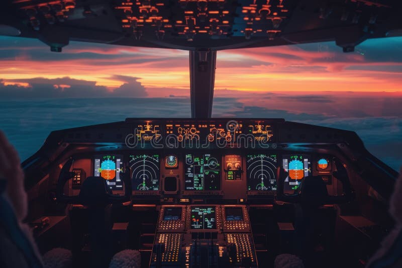Cockpit of a Jet Airliner Amidst a Stunning Sunset Over the Clouds ...