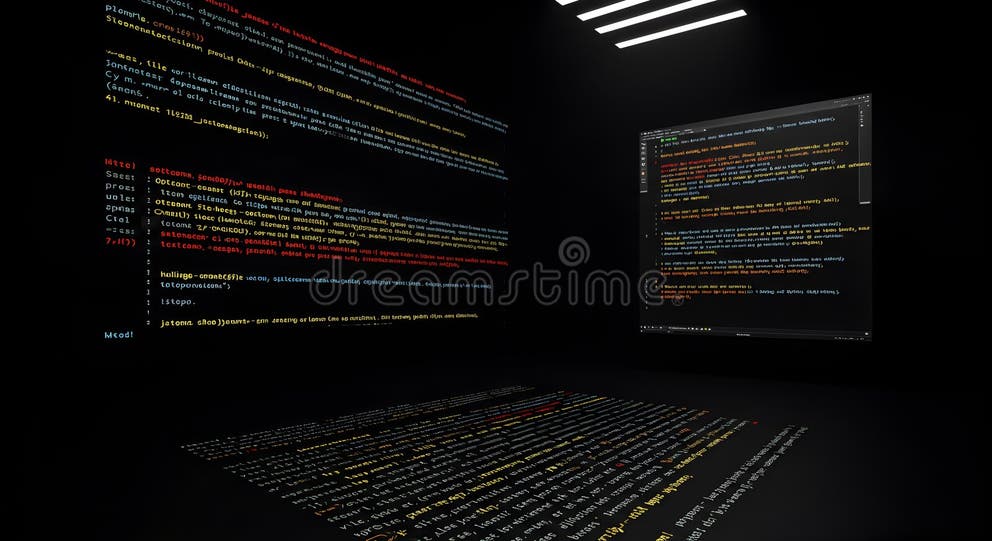 Immersive Coding Environment with Floating Code and Dark Background Scene Stock Illustration ...