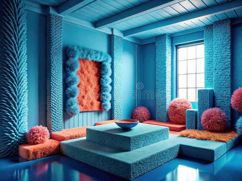 Immersive Coral and Blue Fuzzy Fabric 3D Room with Isometric Pedestal a ...
