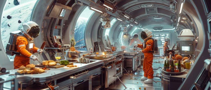 An Immersive 3D Depiction of a Spaceship Kitchen with Astronauts ...