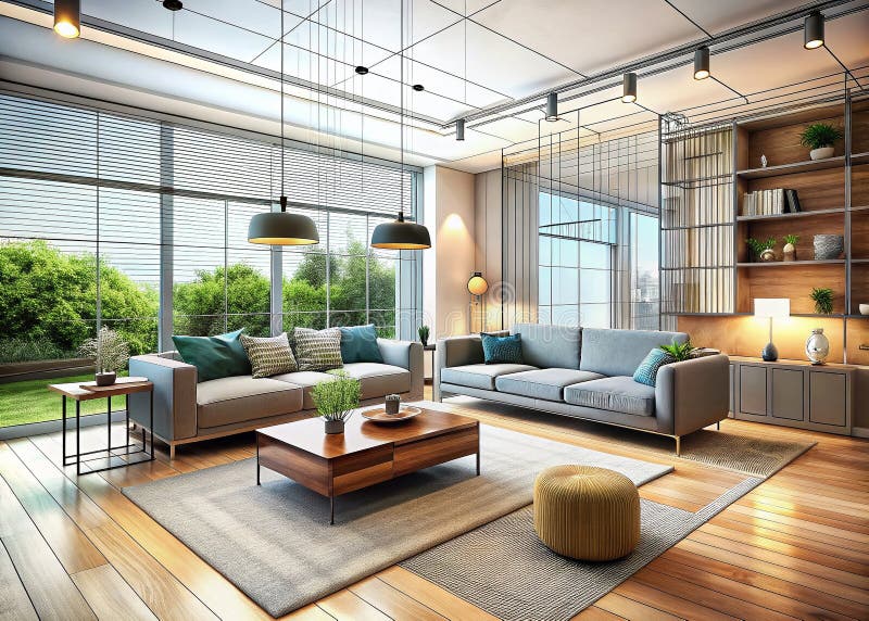 Immersive 3D Wireframe Design a Panoramic View of a Modern Living Room Exploring Innovative ...