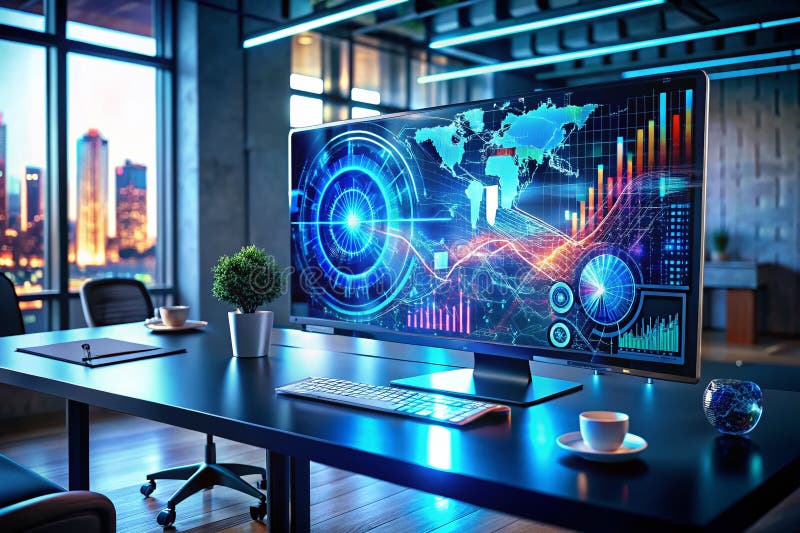 Immersive Data Visualization a Futuristic Computer Display Showcases Dynamic Interface and ...