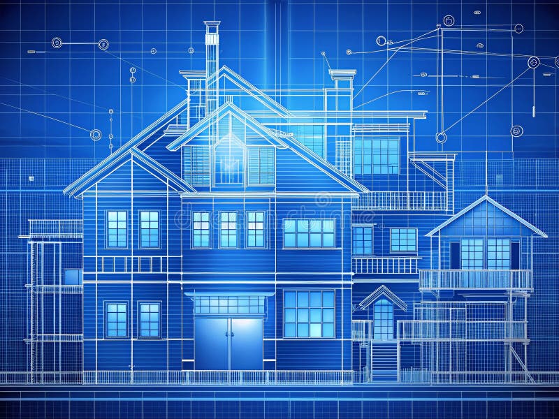 Immersive Deep Blue Architectural Blueprint a Panoramic Layered Design ...