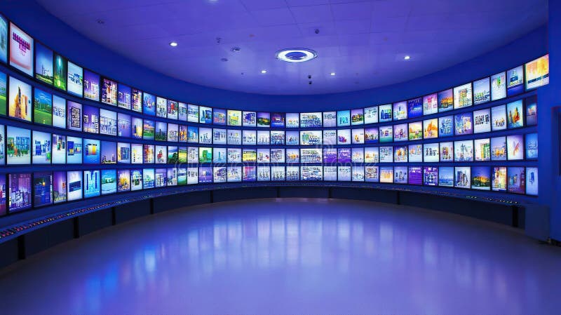 Immersive Digital Media Wall Showcase in Blue Room Stock Image - Image ...