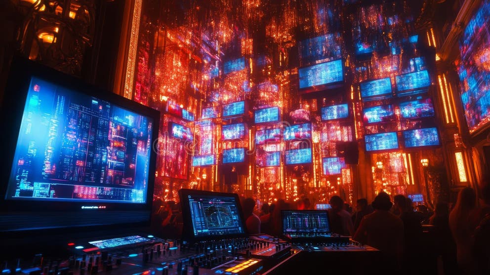 Immersive Digital Party Atmosphere with Glowing Screens Stock ...