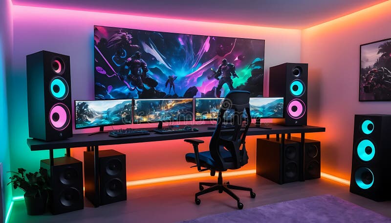 Vibrant RGB Gaming Setup with Multi-Monitor Display Stock Image - Image ...