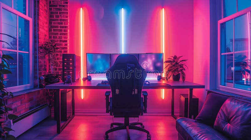 Immersive Gamer Setup with LED Lighting and Multiple Monitors Stock ...