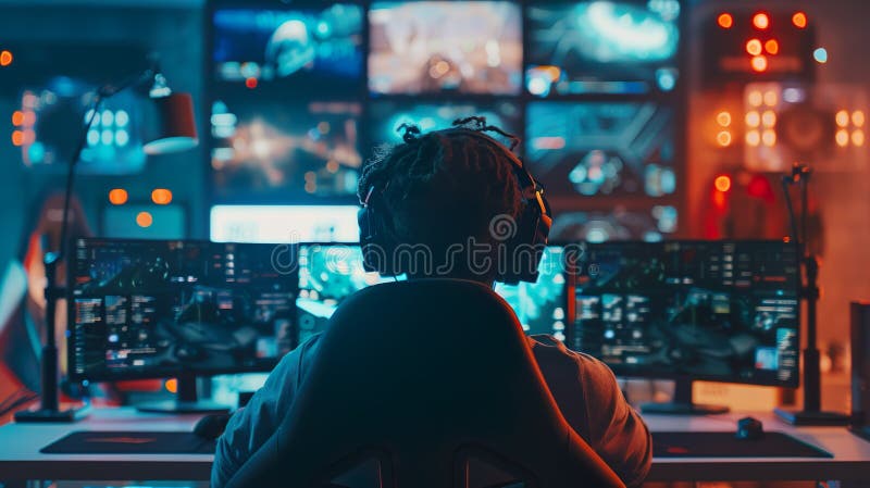 Immersive Gaming Setup with Headphones Stock Image - Image of station ...