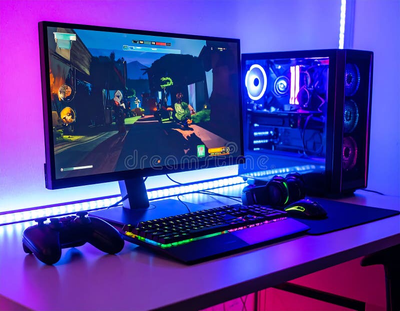Immersive Gaming Setup Illuminated with Vibrant Neon Lights, Showcasing ...