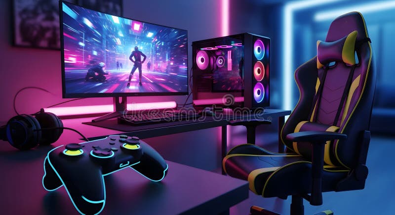 Immersive Gaming Setup with Neon Lights, Controller, Headphones, and ...