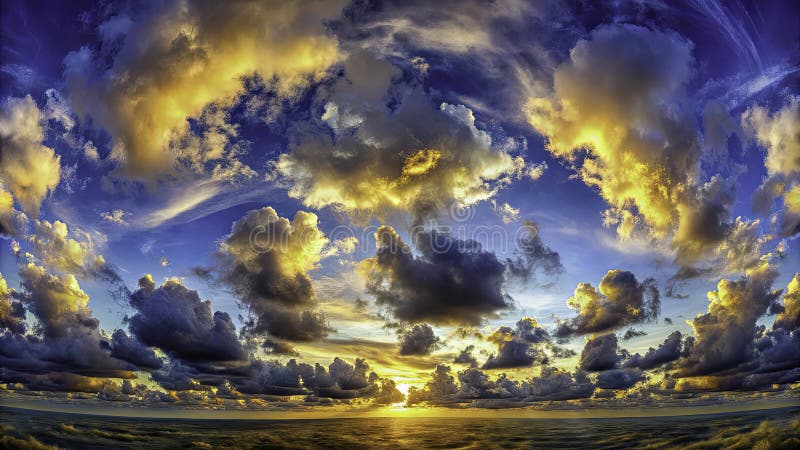 Immersive 360 HDR Panorama a Dramatic Dark Blue Sunset Sky with Golden ...