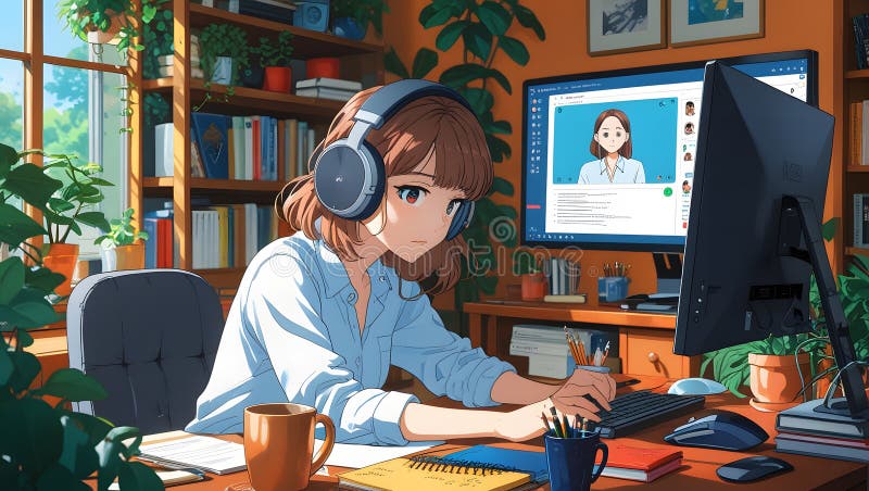 Immersive Home Office Setup with Headphones and Video Call - Vibrant ...