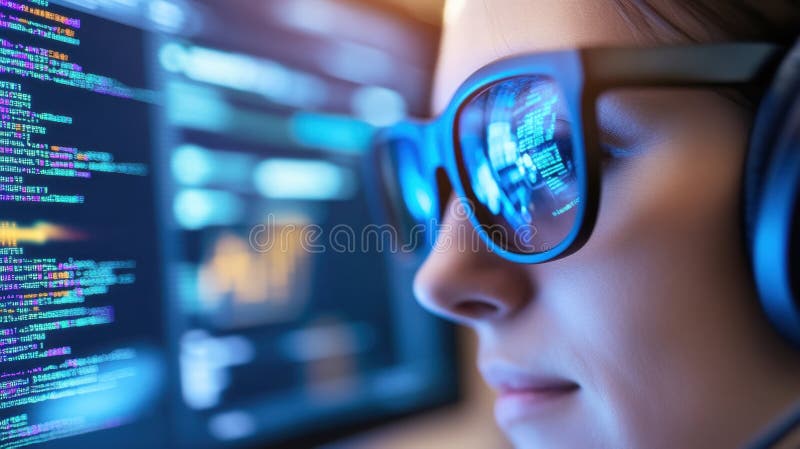 Focused Coder Working on Software Development at Computer Screen Stock Image - Image of system ...