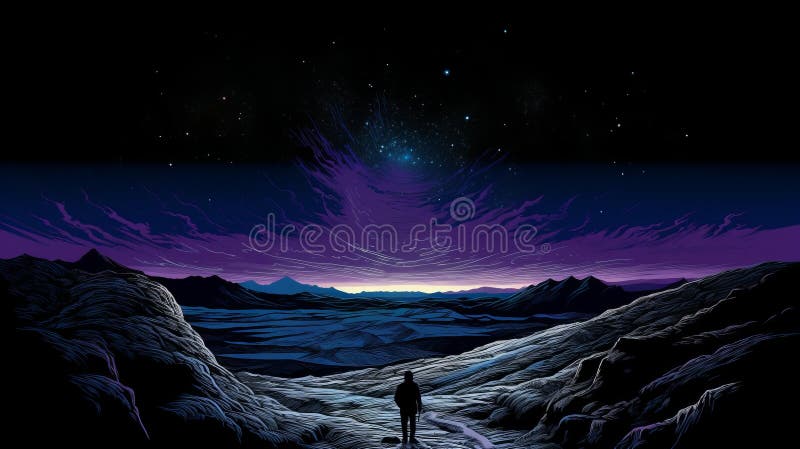 Immersive Interstellar Comic Book Art a Man Walking into the Hills ...